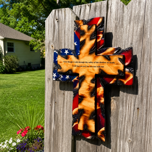 Tattered Flag Cross — Handmade Wooden Wall Cross | Psalm 23 – Glory Hewn